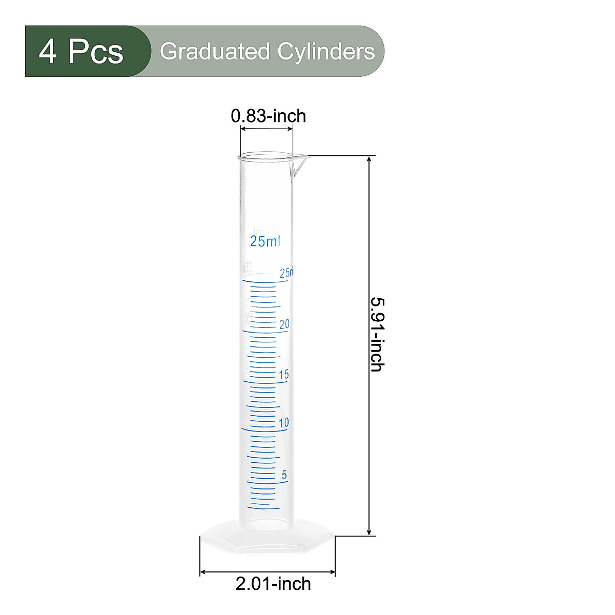 YOKIVE 4 Pcs Measuring Graduated Cylinder, Plastic Cylinder Tube with 2-Sided Metric Marking | for Chemical Measuring, Great for Lab, Daily Use (Clear White, 25ml)