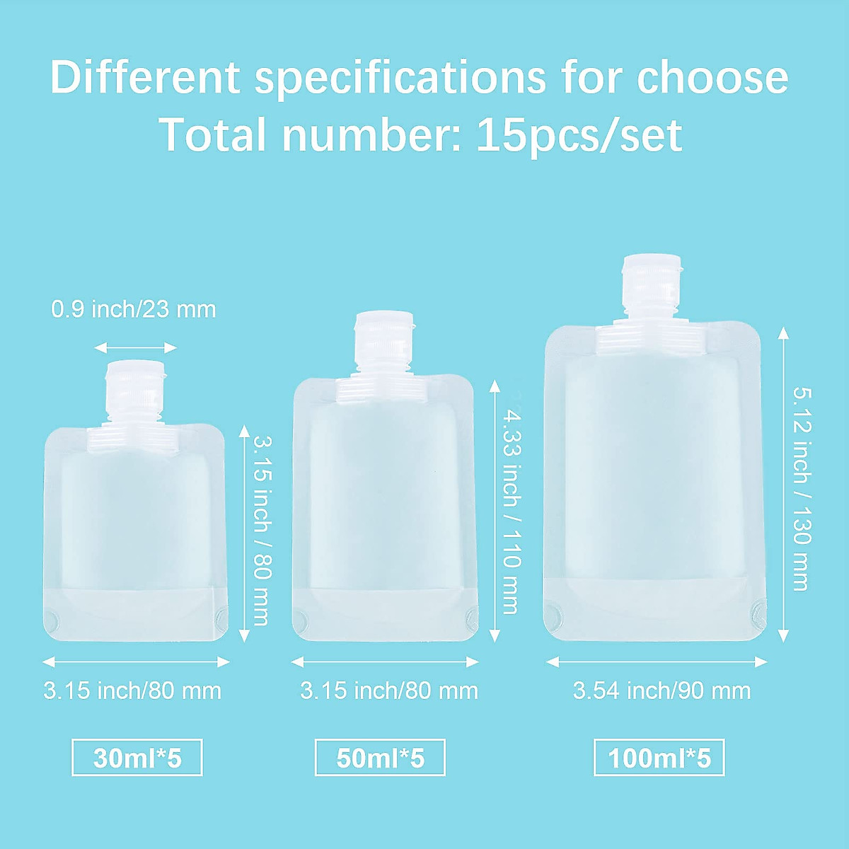 NUTAKI 15pack Portable Travel Fluid Makeup Packing Bag with Labels Refillable Travel Pouches-Sub Bags for Travel Tsa Approved Leakproof Toiletries Containers