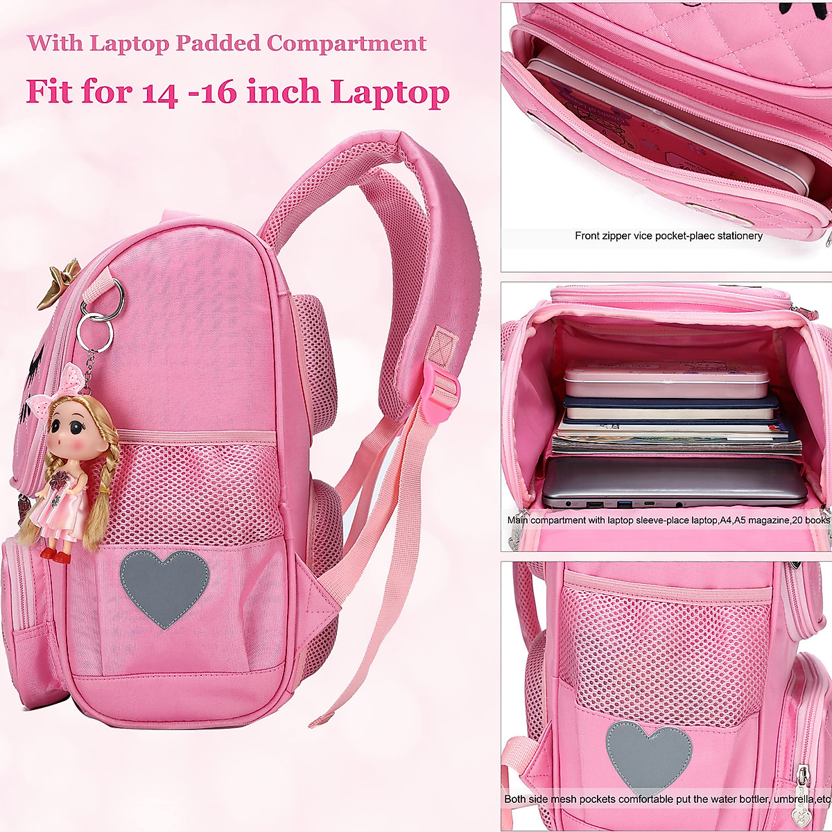 AO ALI VICTORY Girls Backpacks, Waterproof Cute Backpack for Kids Toddler Girl Preschool Bookbags Elementary School Bags (Large, A-Pink)