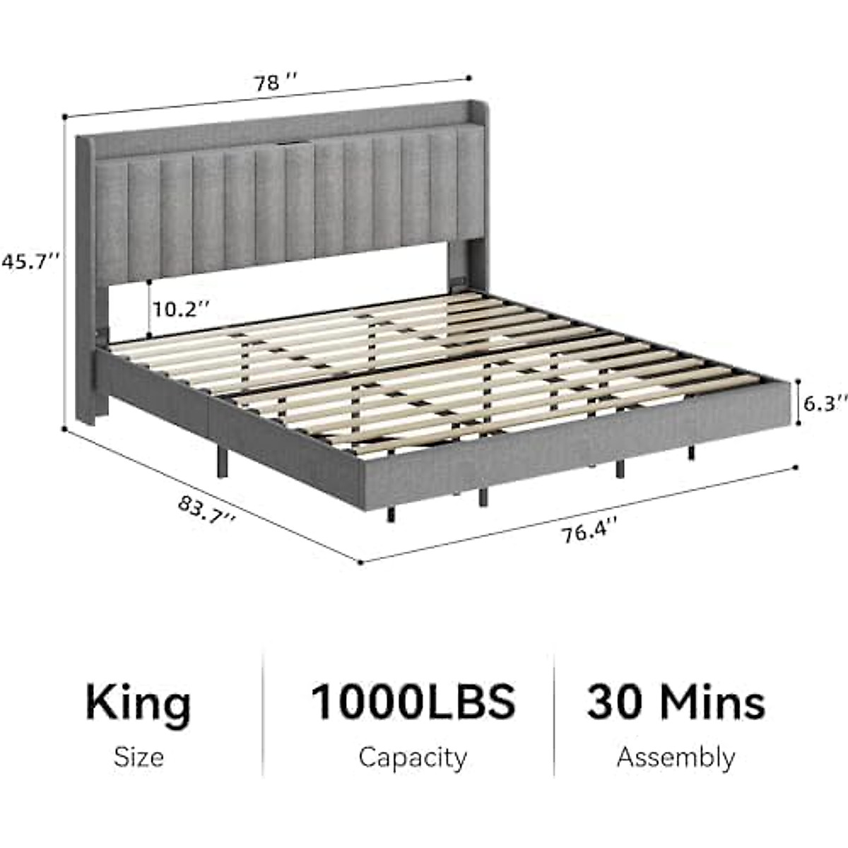 GarveeHome King Floating Bed Frame with Charging Station & Storage Headboard, Upholstered Platform King Size Bed Frame with LED Lights, Solid Wood Slats, Gray