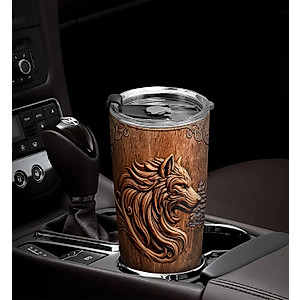 20oz Wooden Viking Wolf Tumbler, Norse Mythology, Viking Gifts for Men, Gifts for Wolf Lovers, Coffee Thermos, Stainless Steel Double Wall Vacuum Insulated Coffee Mug, Travel Cup with Lid