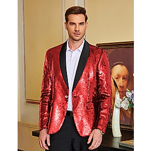 COOFANDY Shiny Sequins Suit Jacket Blazer One Button Tuxedo Christmas Nightclub Red