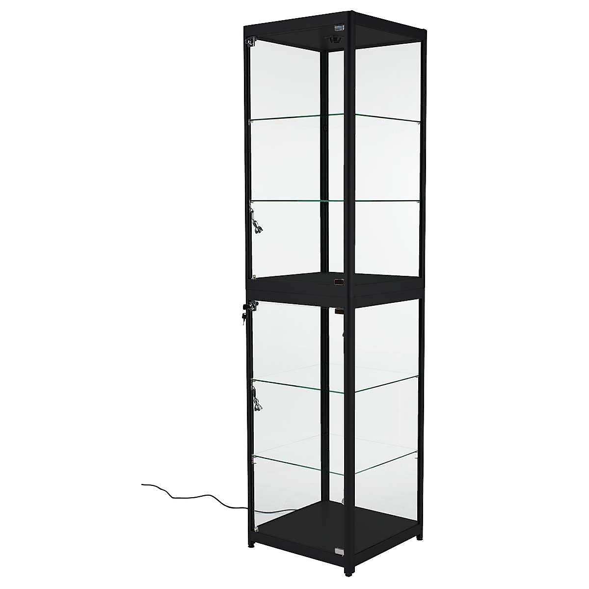 Displays2go Tower Showcase with LED Lighting, Aluminum, Tempered Glass, 5 Shelves – Black Finish (2TCASEBLKS)