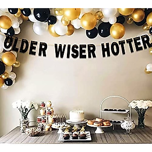 Ushinemi Black Older Wiser Hotter, Funny Birthday Banner for Men Women, Glitter Birthday Party Decorations