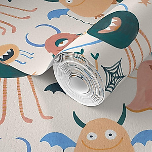 Commercial Grade Wallpaper Swatch - Cute Kids Monsters Watercolor Pastel Playful Room Monster Creature Bat Spooky Spider Web Moon Stars Traditional Wallpaper by Spoonflower