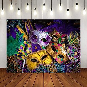 Masquerade Backdrops Purple Gold Glitter Beads Mask Carnival Photography Backdrop Vinyl 5x3ft Fiesta Mardi Gras Dance Photo Background Birthday Party Photo Booths Props Decorations Supplies