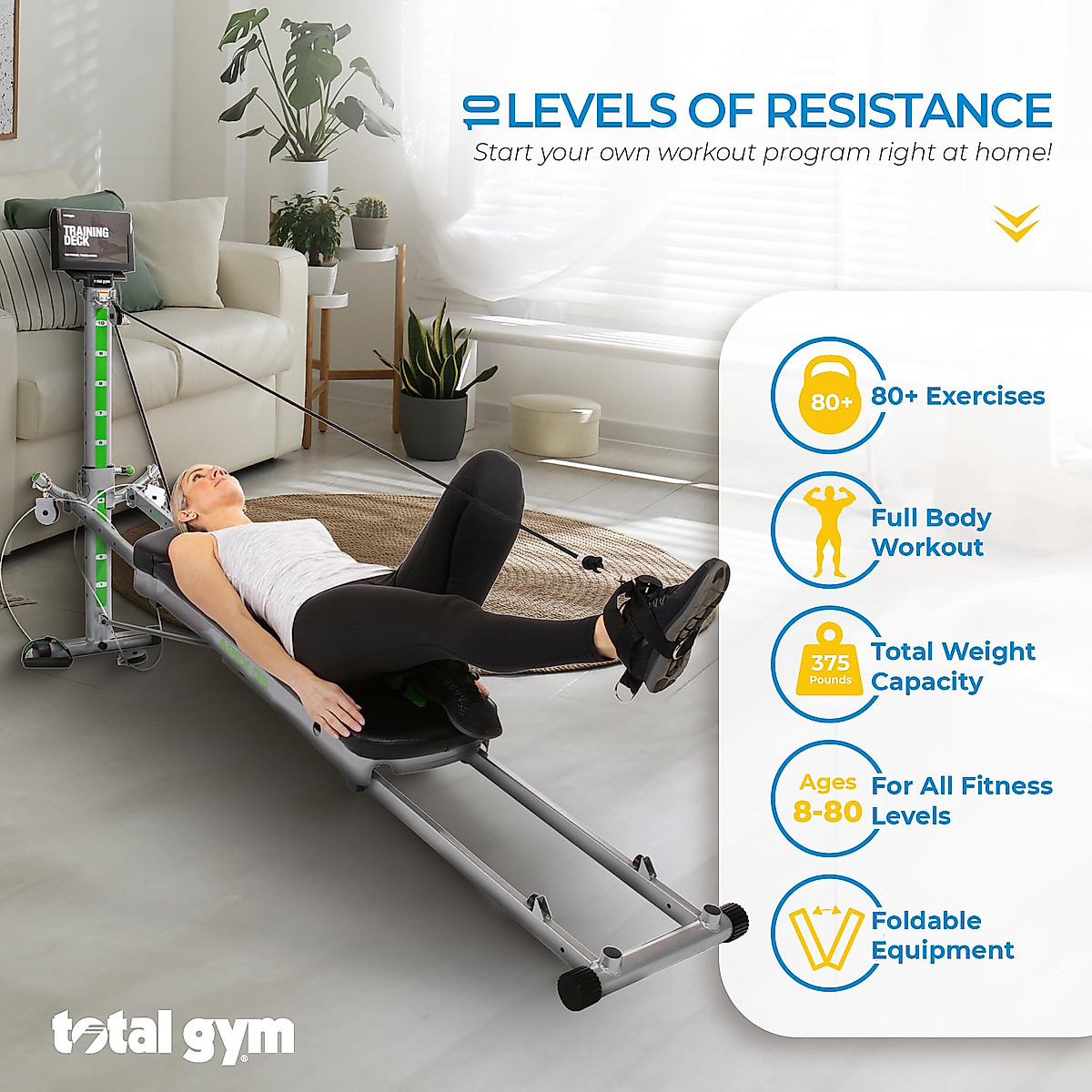 Total Gym APEX G5 Home Gym with Compact Design, Full Body Workout System for Home Fitness with 10 Levels of Resistance and Attachments, Black