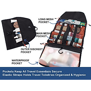 Compact Travel Toiletry Bag, Hanging Toiletry Bag for Men, Roll Up Dopp Kit Bathroom Shaving Shower Medicine Hygiene Bag for Traveling, Waterproof Lightweight Organizer for Gym Camping Grooming, Black