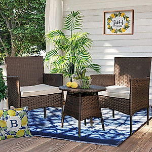 Barton 3 Pieces Bistro Chair Set w/Glass Table Beige Outdoor Patio Furniture Wicker Rattan Modern Conversation Chat Seating