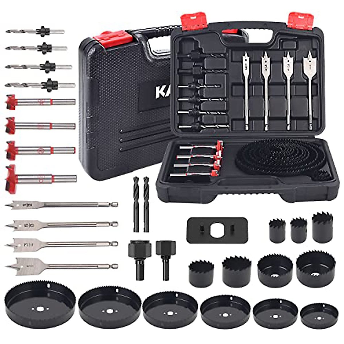 KATA 30PCS Multi-Function Wood Drill Bits Set Hole Saw Kit Set with 3/4"-6" Hole Saw, Countersink Drill Bits, Spade Drill Bits, Carbide Forstner Bits, Ideal for Soft Wood, Plywood, PVC