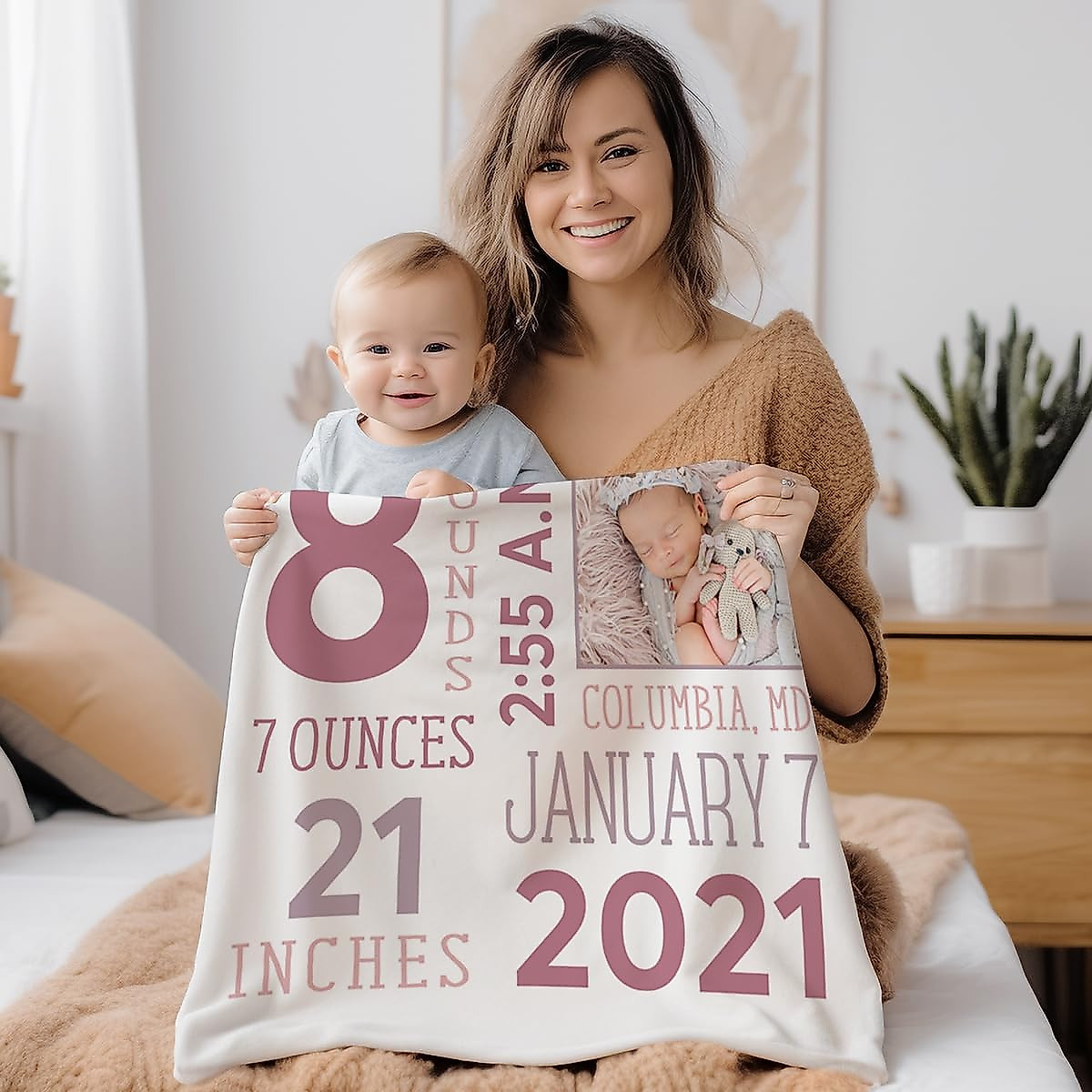 Yeh Gift Personalized Baby Photo Newborn Blanket with Birth Information for Girls & Boys. Customized Blanket from Baby's Name, Date, Weight for New Born, Dad Mom Grandparents (Pink)
