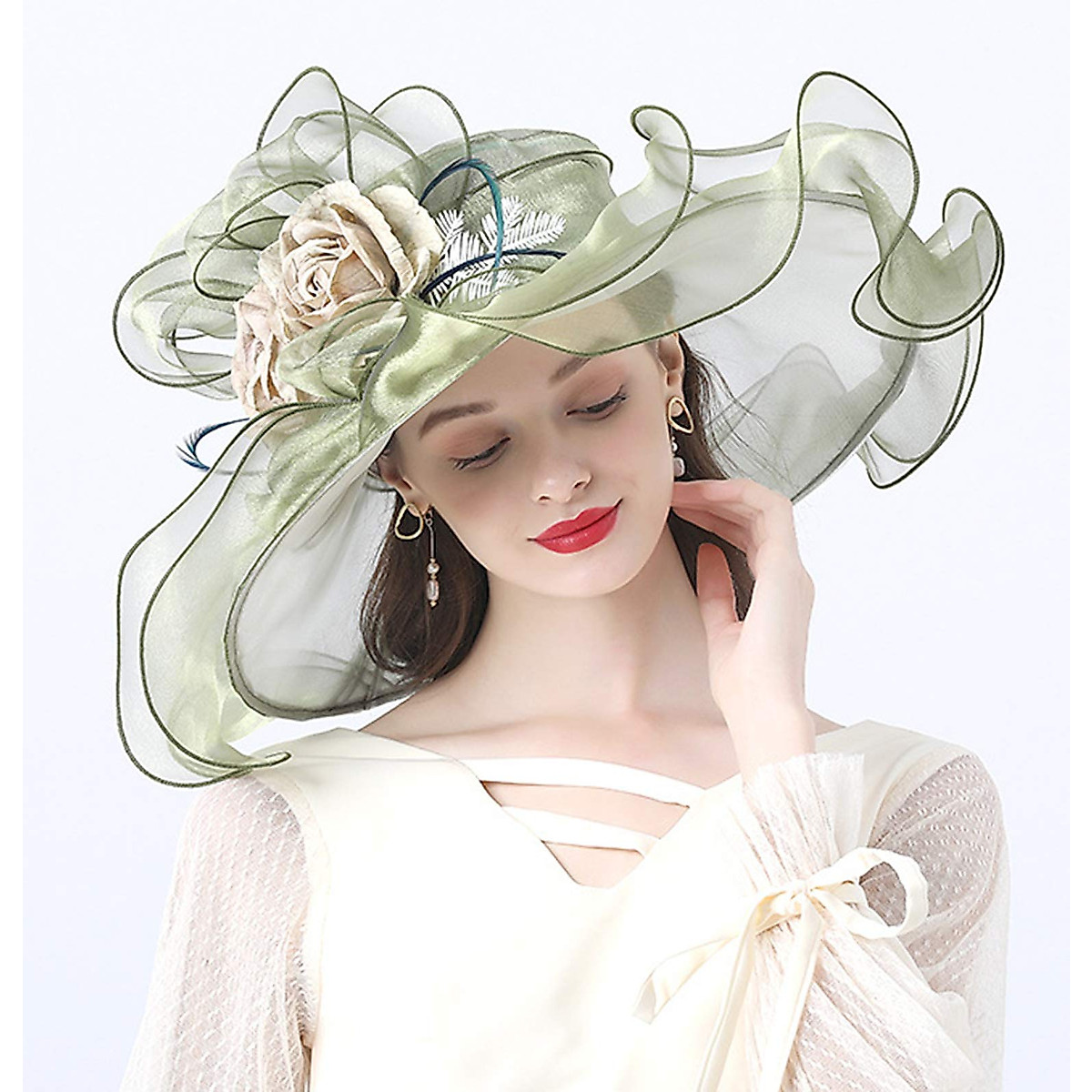ORIDOOR Women Organza Fascinator Church Derby Hat Floral Tea Party Wedding Hat (013F Green) One Size …
