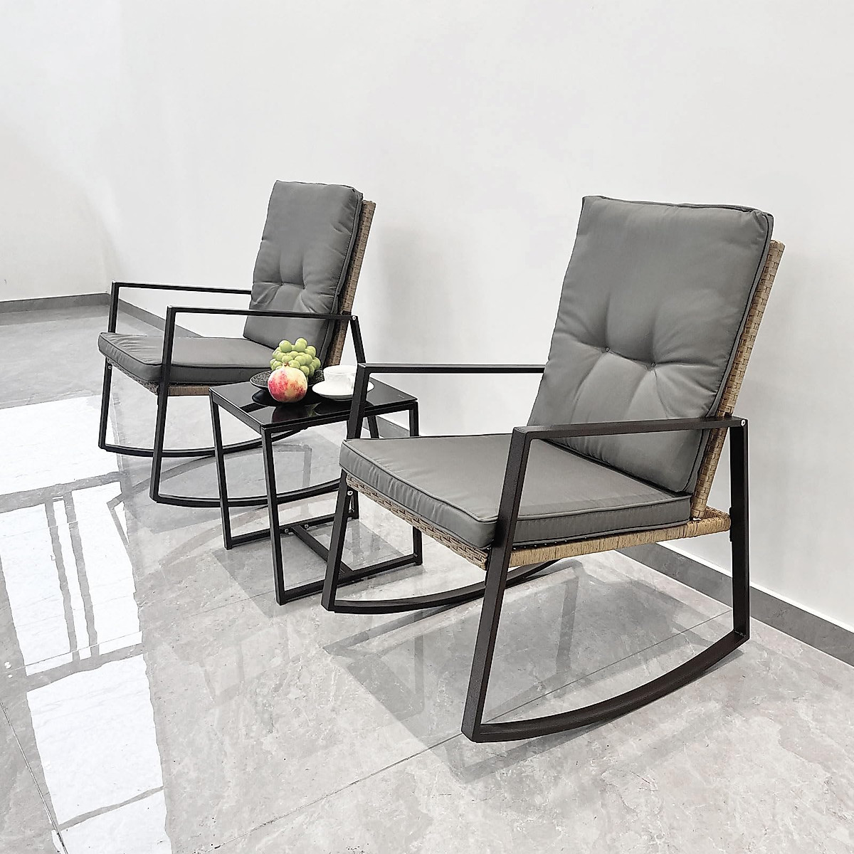 VSMKSJ 3 Pieces Patio Rocking Chairs Set of 2, Outdoor Wicker Patio Sets Conversation Coffee Table for Front Porch,Balcony,Garden,Poolside,Washable Cushion (Grey)