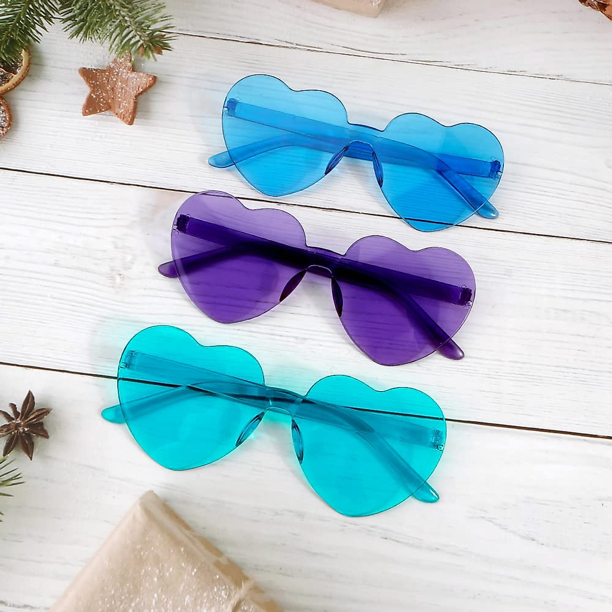 AFNWQI Heart Sunglasses, Heart Shaped Sunglasses, 3-Pack, Transparent Rimless Sunglasses, Colored Sunglasses, Heart Glasses, Heart Sunglasses for Women, Party Glasses (Blue+Purple+Teal)