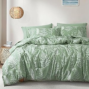 PHF 7 Pieces California King Comforter Set, Ultra Soft Bed in A Bag Comforter & Sheet Set- Botanical Bedding Set Include Comforter, Pillow Shams, Flat Sheet, Fitted Sheet and Pillowcases, Sage Green