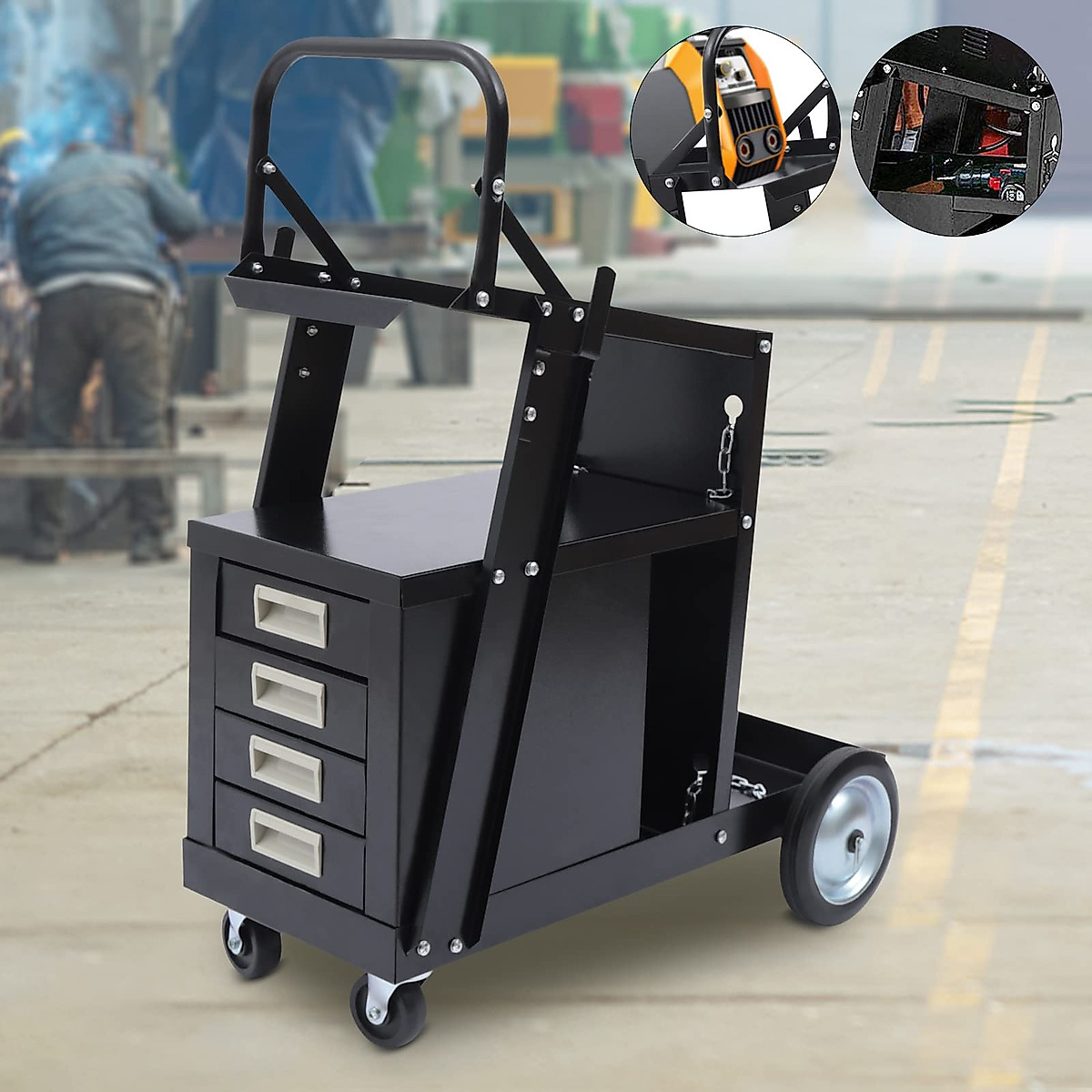 Rolling Welding Cart with 4 Drawers - Heavy Duty Steel Cabinet Welding Cart Wheels and Tank Storage for TIG MIG Welder and Plasma Cutter