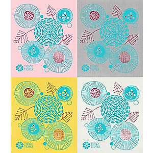 Trendy Tripper Jenn Ski Reusable Swedish Dishcloths/Sponge Cloth MID-Century Modern Abstract Designs Set of 4 (4-Pk MCM Floral Turquoise/Red)
