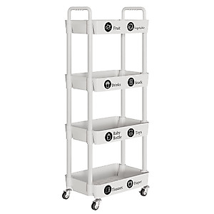 Laiensia 4-Tier Storage Cart,Multifunction Utility Rolling Cart Kitchen Storage Organizer,Mobile Shelving Unit Cart with Lockable Wheels for Bathroom,Laundry,Living Room,With Classified Stickers,White