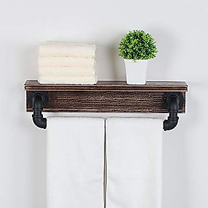 MBQQ Industrial Pipe Shelf,Rustic Wall Shelf with Towel Bar,20" Farmhouse Towel Racks for Bathroom,Floating Shelves Wall Mounted Home Decor Wooden Shelving,Retro Black