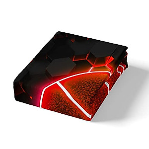 Kids Basketball Duvet Cover Set Boys Neon Red Geometric Honeycomb Hexagon Bedding Set for Teens Men Room Decor Fashion Balls Sport Gaming Comforter Cover Modern Black Quilt Cover 3pcs Queen Size