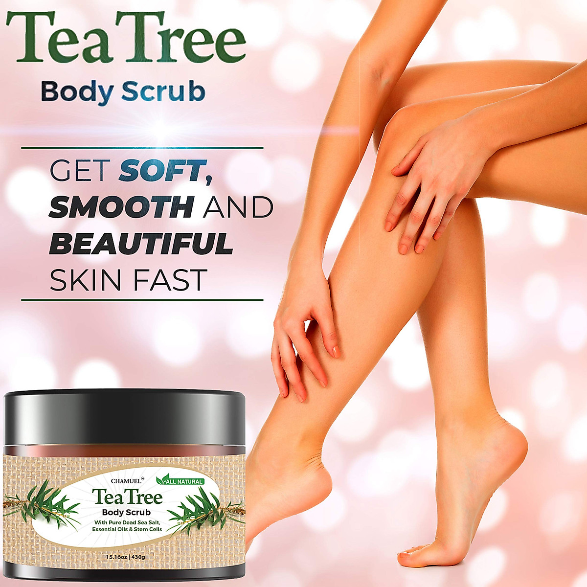 Chamuel Tea Tree Body & Foot Scrub - 100% Natural Exfoliating Body Scrub with Dead Sea Salt, Plant-based Stem Cells, Ginger & Essential Oils– Rejuvenates & Soothes Dead & Dry Skin (15.1oz)