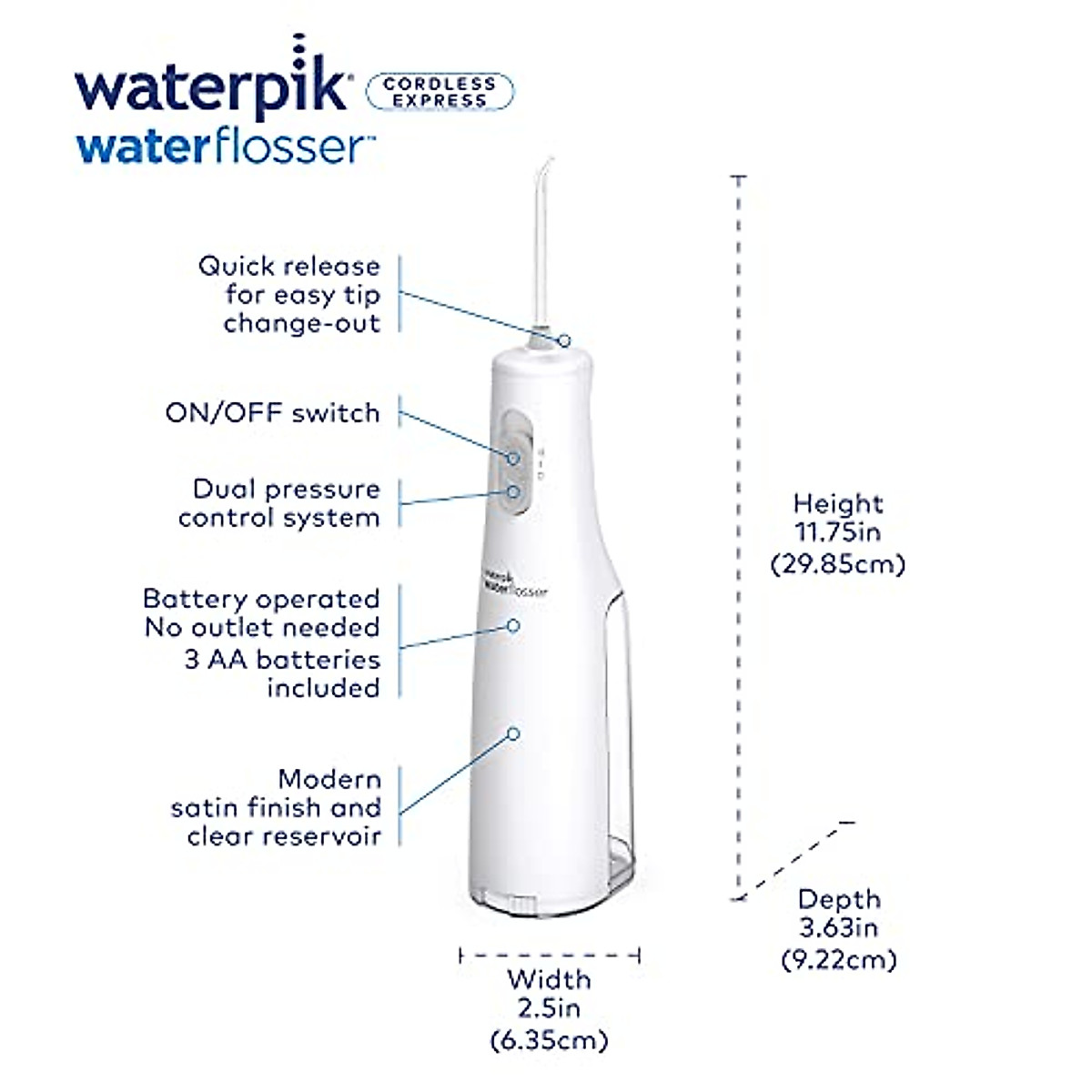 Waterpik Cordless Water Flosser, Battery Operated & Portable for Travel & Home, ADA Accepted Cordless Express, White WF-02C