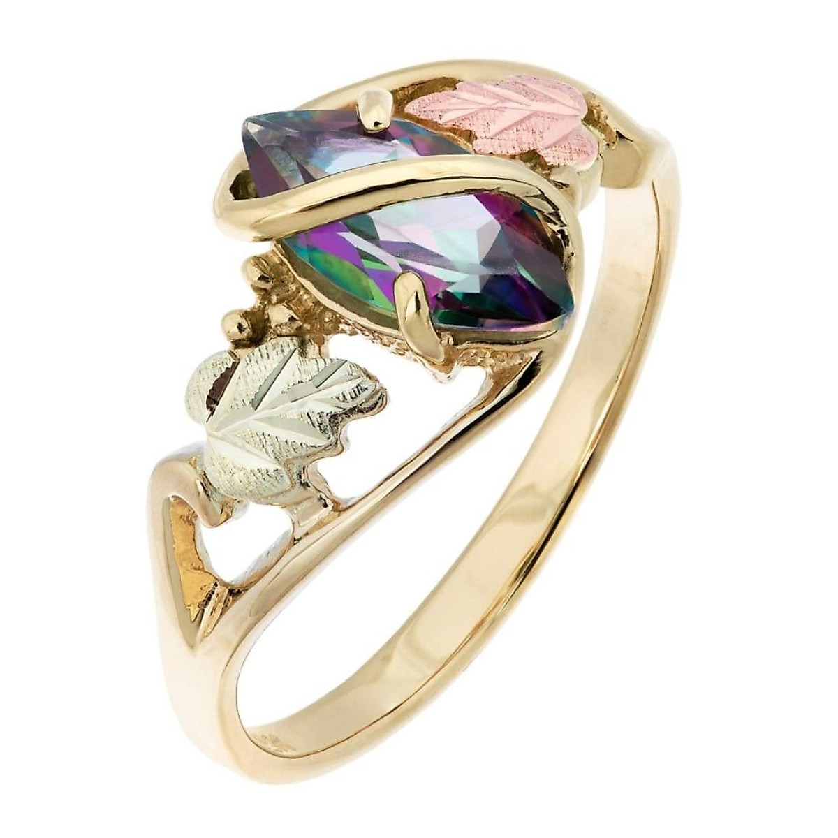 10k Yellow Gold, Marquise Mystic Fire Topaz Wrap Ring, 12k Rose and Green Gold Black Hills Gold, Size 9
