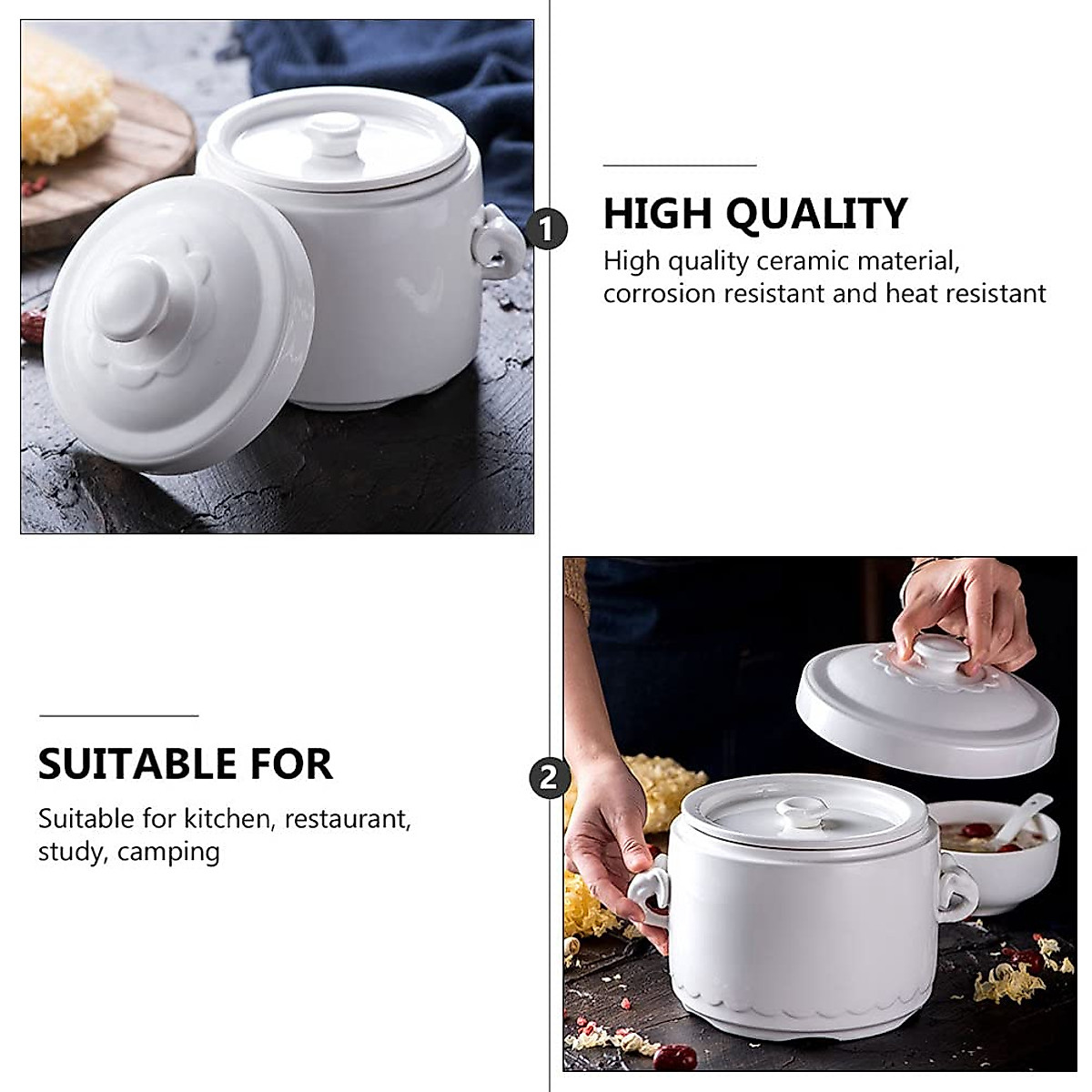 Kichvoe Sugar Container Ceramic Stew Pot with Handles and Lid, Small Steam Soup Bowl Stockpot Cookware for Egg Custard Medicinal and Birds (520ml) Creamer Singles