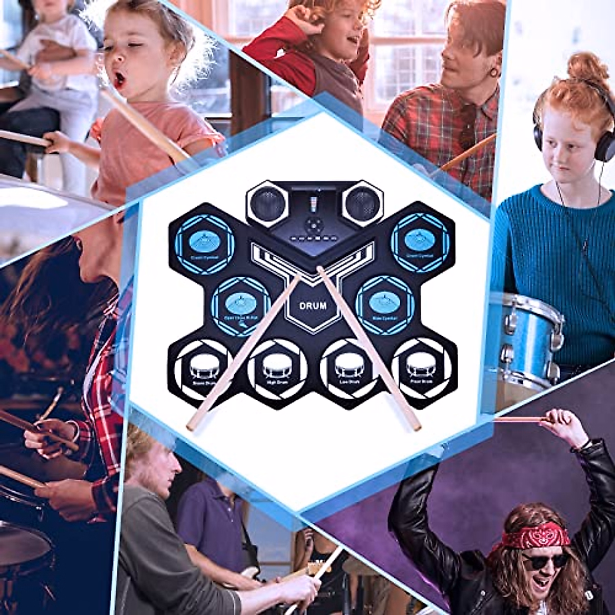 Electronic Drum Set for Adults, Gimigo Electronic Drum Pad with Multicolor LED Digital Display Hand Roll-Up Drum Kit 9 Silicon Durm Pad Built-In Stereo Speaker Bluetooth, MIDI for Kids Beginners