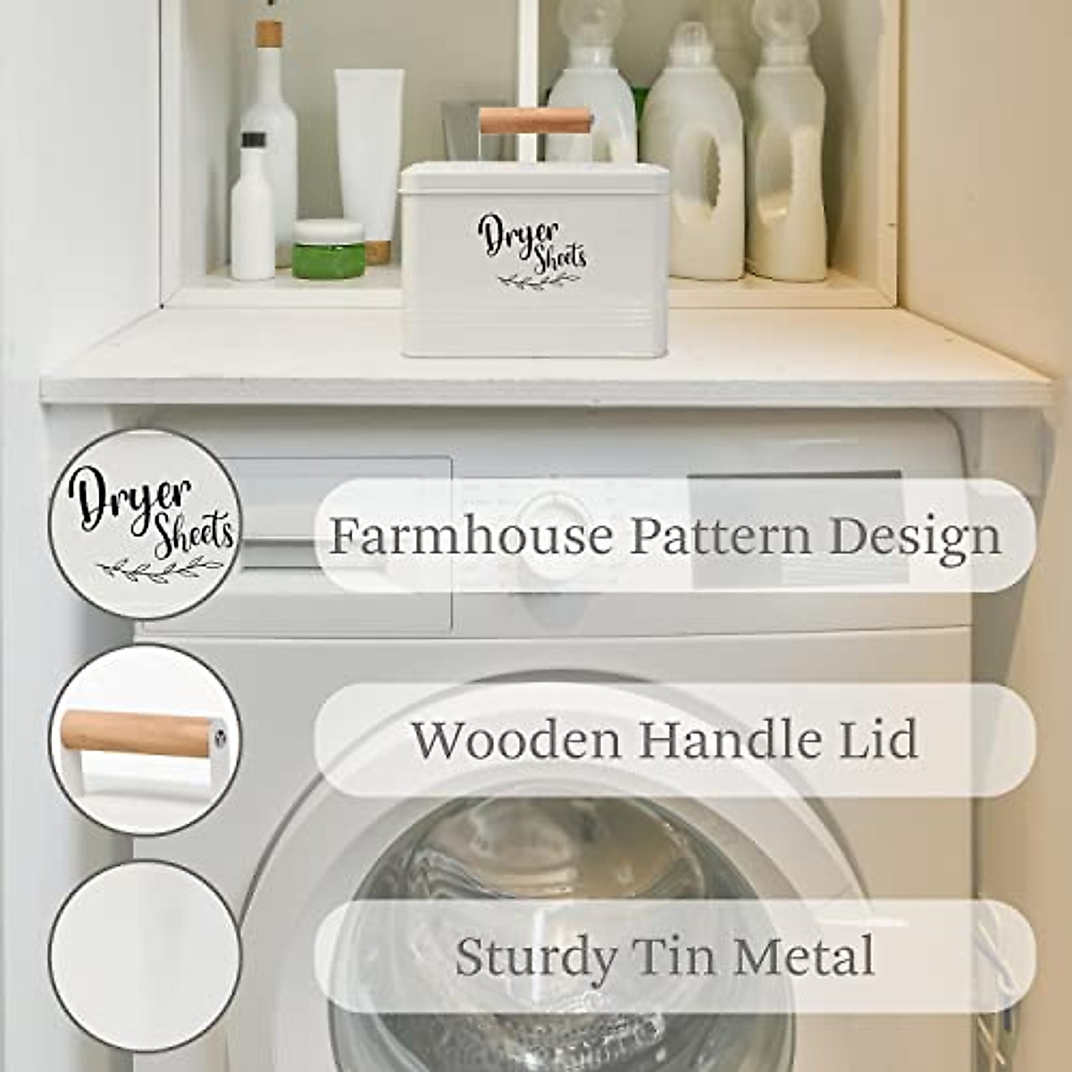 Perfnique Dryer Sheet Holder, Farmhouse Dryer Sheet Dispenser with Lid for Laundry Room Decor, Metal Dryer Sheet Container, Laundry Sheet Holder for Laundry Room Organization, Dryer Sheet Box (Cream)