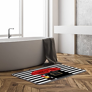 Black Perfume Flower Bath Mat Lipstick Red Rose Woman Lady Makeup Charming Black White Stripe Modern Fashion Cosmetic Sweet Romantic Love Bathroom Mat Microfiber Memory Foam Bath Decor Rugs