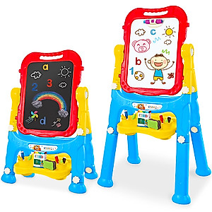 STEAM Life Easel for Kids Art Easel for Toddler Easel - 4in1 Double-Sided Large Magnetic Board Kids Chalkboard Easel Drawing White Board for Kids with Magnetic Letters & Numbers Easy Storage Portable