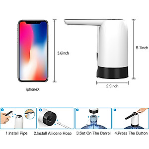 Myvision 5 Gallon Jug Portable Water Dispenser, Water Bottle Pump 5 Gallon Water Dispenser, USB Charging Electric Drinking Portable Water Dispenser, 2-5 Gallon Water Bottle Switch-White