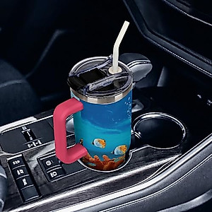 LLUTSNTH 40 Oz Vacuum Tumbler with Light Rose Red Handle Leakproof Insulated Tumbler Dolphins Blue Stainless Steel Travel Mug with Lid And Straw Coffee Cup Cute Water Bottles Cup Holder Friendly