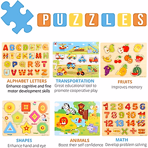 Premium Puzzles for Toddlers and Rack Set - (7 Pack) Includes 1 Learning Clock - 6 Alphabet, Numbers, Shapes, Animals, Cars, Fruits Puzzles