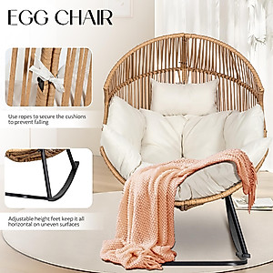 JAMFLY Egg Chair Outdoor Wicker Patio Chair, Oversized Lounger Chair with Cushion Egg Basket Chair for Indoor Living Room Bedroom Outside Balcony Backyard, Beige