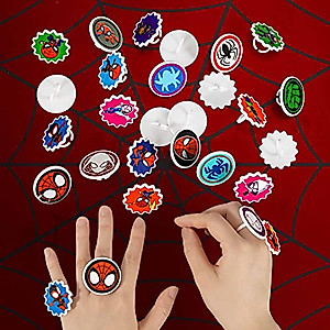 24Pcs Hero Cupcake Topper Birthday Party Favor, Spider Friends Cup Cake Decorations Supplies Finger Rings Gift for Anime Fans Kids, Goody Bag/Easter Egg Stuffers