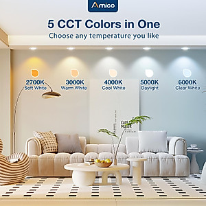 Amico 5/6 inch 5CCT LED Recessed Lighting 20 Pack, Dimmable, IC Rated, 12.5W=100W, 950LM Can Lights with Baffle Trim, 2700K/3000K/4000K/5000K/6000K Selectable, Retrofit Installation - ETL & FCC