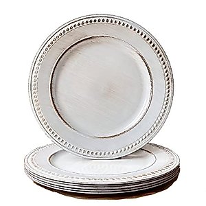 Umisriro White Charger Plates,13 Inch Vintage Dinner Plate Chargers Round Server Ware.Set of 6 Plastic Beaded Chargers for Dinner Plates, Party, Wedding(White)