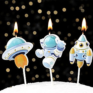 Spaceman Birthday Candles, Space Rocket Spacecraft Candles, Astronaut Theme Candles for Birthday Party Baby Shower - Set of 3
