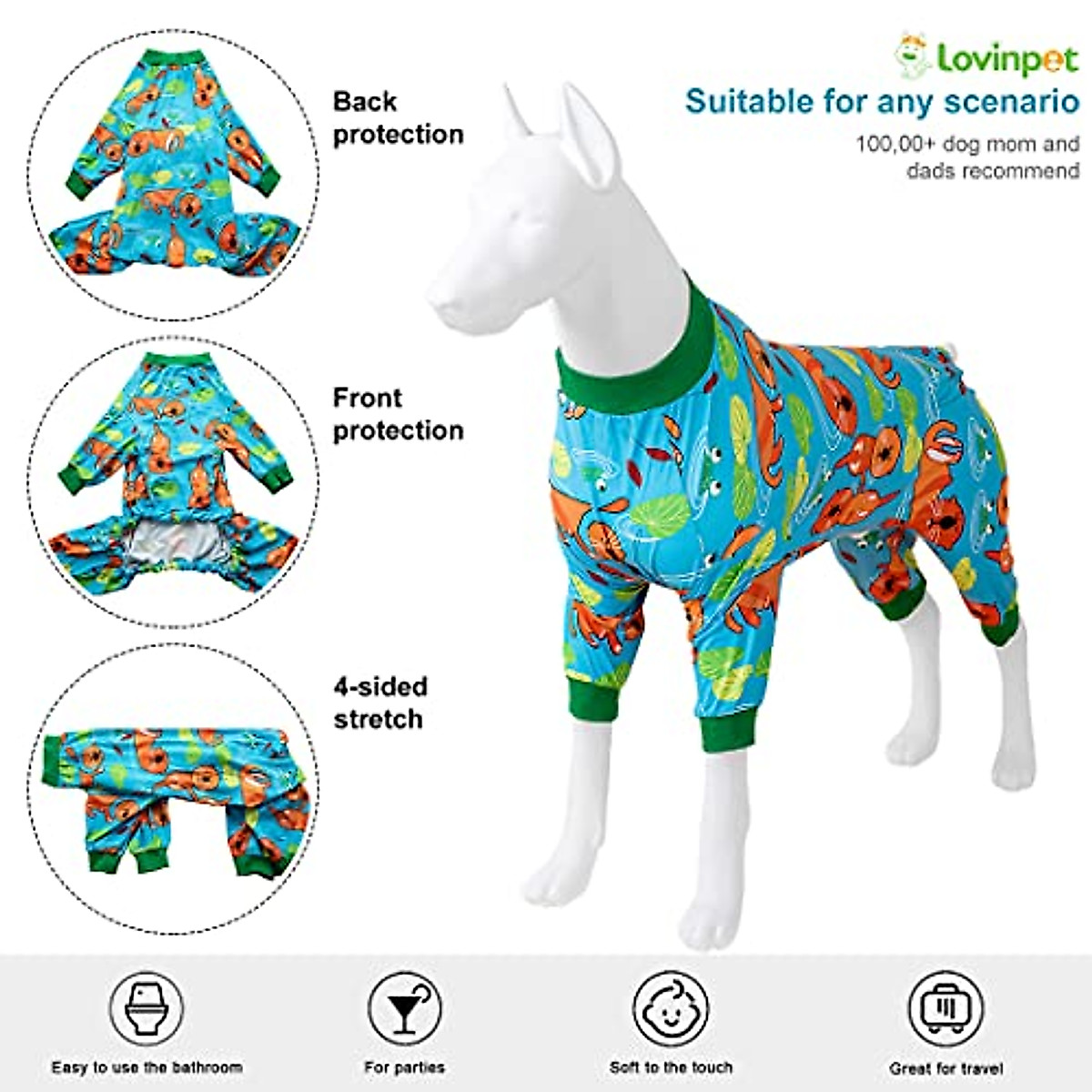 LovinPet Big Dog Jammies for Large Dogs: Lightweight Stretchy Knit Fabric Onesie, Sleeping Otters Print Dog Pajamas, UV Protection, Large Breed Dog Jammies, Pet PJ's/Large