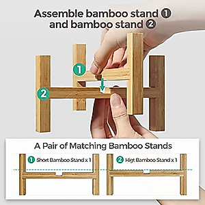T4U 7 Inch Self Watering Planter with Bamboo Stand Set of 2, Plastic White Flower Pot for Indoor Herb Plant, Aloe, African Violet, Nursery Seedling Pot Round, Modern Decor for Home, Garden, Office