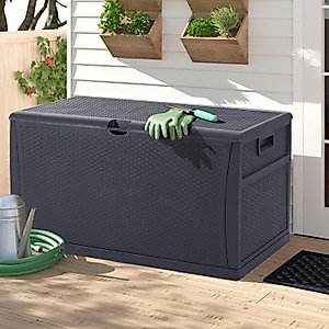 Patiomore 120 Gallon Resin Wicker Patio Storage Box, Outdoor Storage Container Deck Box and Gar, Grey