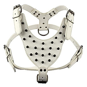 SXNBH Spikes White Leather Dog Harness Collar and Leash Set Heavy Duty for Boxer Leather Leash ( Size : M )