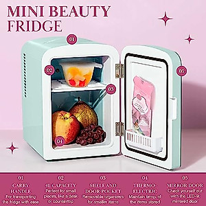 Paris Hilton Mini Refrigerator and Personal Beauty Fridge, Mirrored Door with Dimmable LED Light, Thermoelectric Cooling and Warming Function for All Cosmetics and Skincare Needs, 4-Liter, Aqua