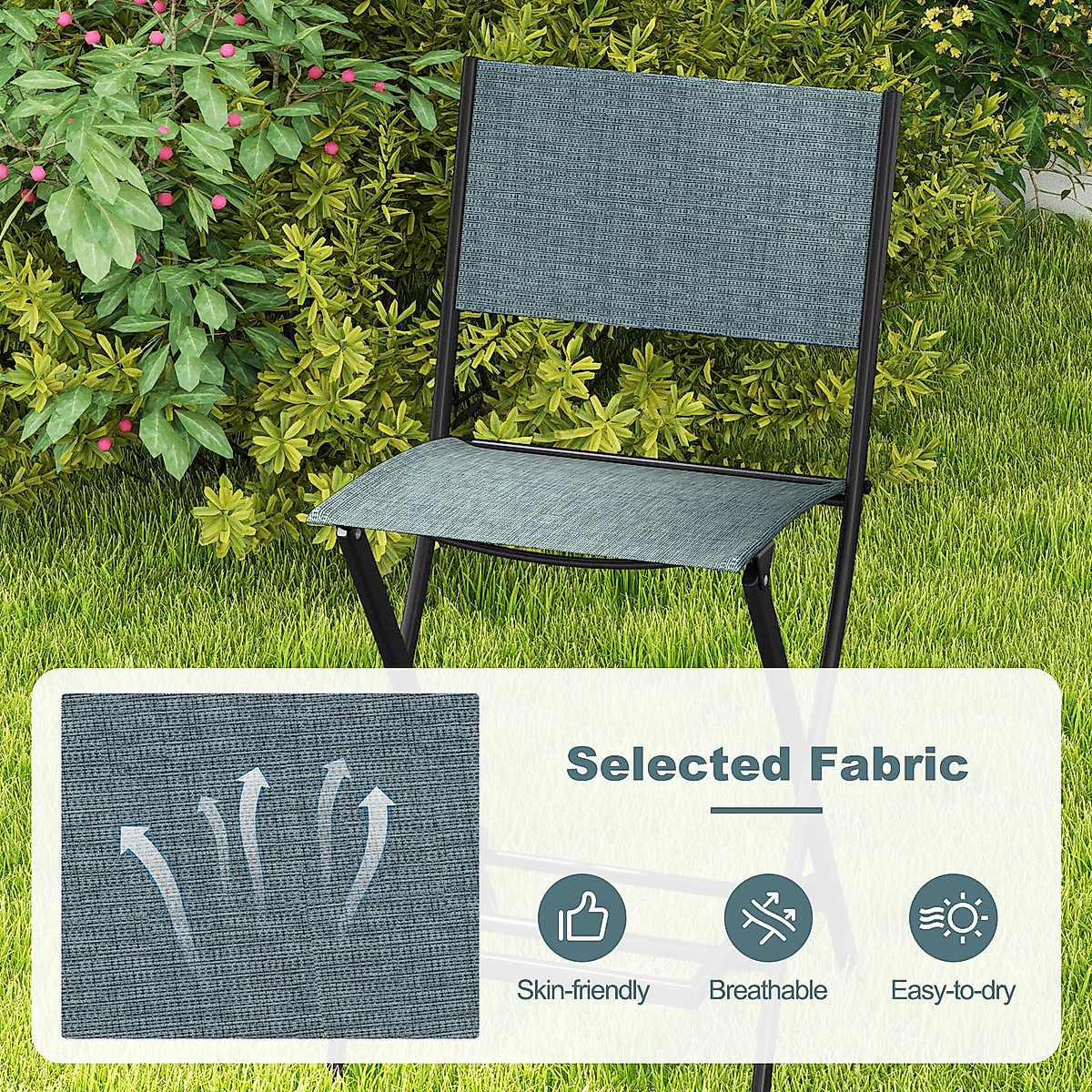 Giantex Folding Patio Bar Chairs Set of 4, Outdoor Counter Height Bar Stools with Footrest & Back, All-Weather Textilene, Metal Frame, for Porch Deck Lawn Garden, Light Blue