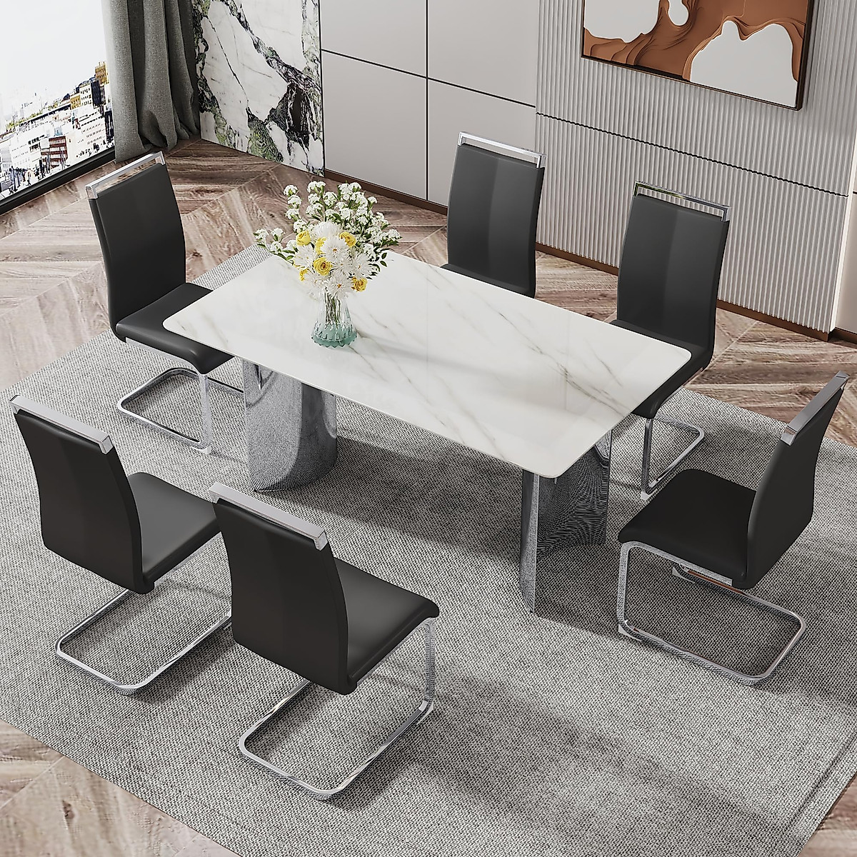 Maotifeys Marble Dining Table Set for 6, 7 Piece Modern Dining Room Table Set with Rectangle Kitchen Table and Black Upholstered Pu Leather Chairs, 63" White Faux Marble Dining Table Chairs Set of 6