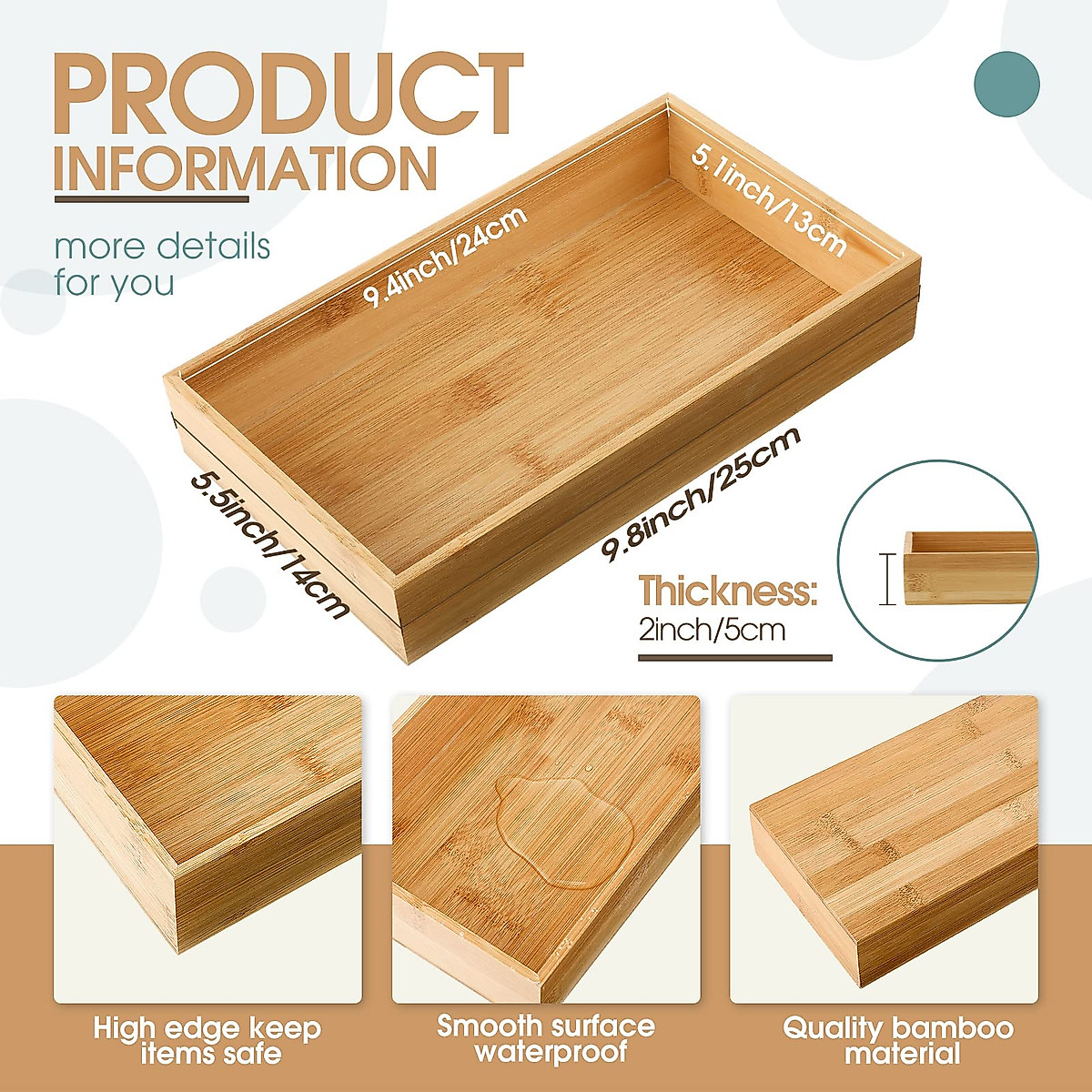 CHENGU 2 Pcs Bamboo Bathroom Trays Slip Resistant Vanity Tray for Bathroom Counter Countertop Small Napkin Holder Tray Bathroom Accessories Organizer 9.8 x 5.5 Inch