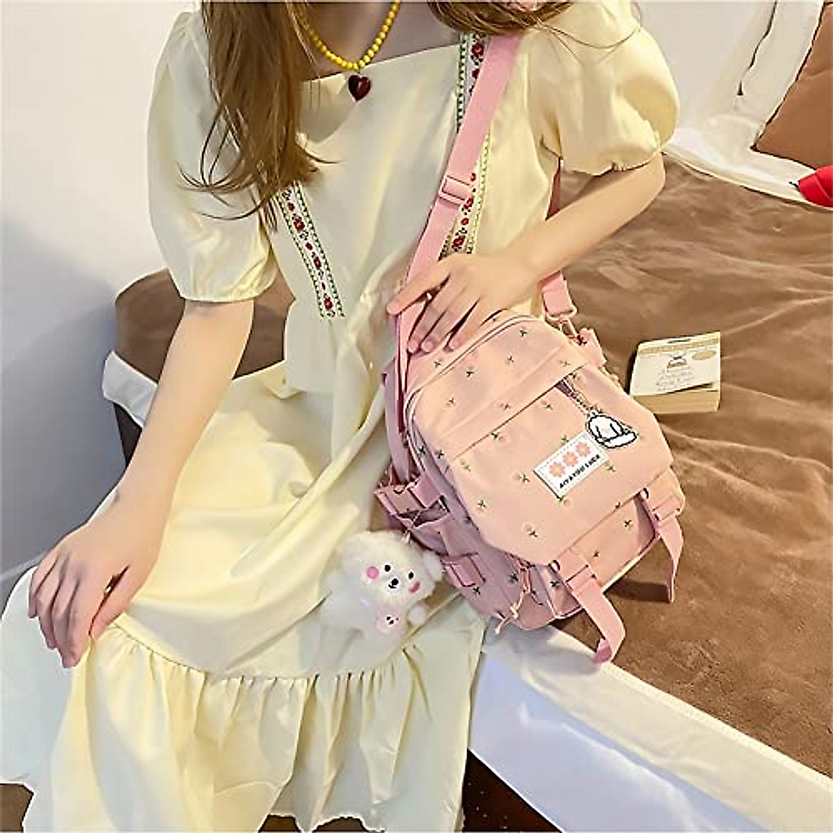 LOVEMORE Aesthetic Kawaii Backpack for School Japanese Cute Mini Backpack for Teen Girls Flowers School Bag with Kawaii Pendants (Pink,with 1 Bear+1 Acrylic Pendant)