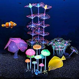 Filhome Glowing Fish Tank Decorations, 4 pcs Glow Aquarium Decoration Plants Kit Glowing Mushroom Coral Ornaments